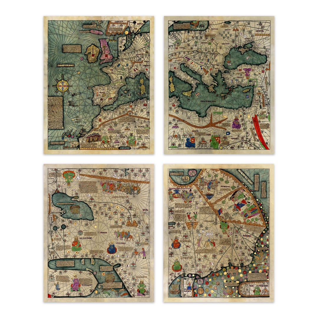Ancient Catalan Atlas Medieval World Map Print Set, Vintage Style Print ...
