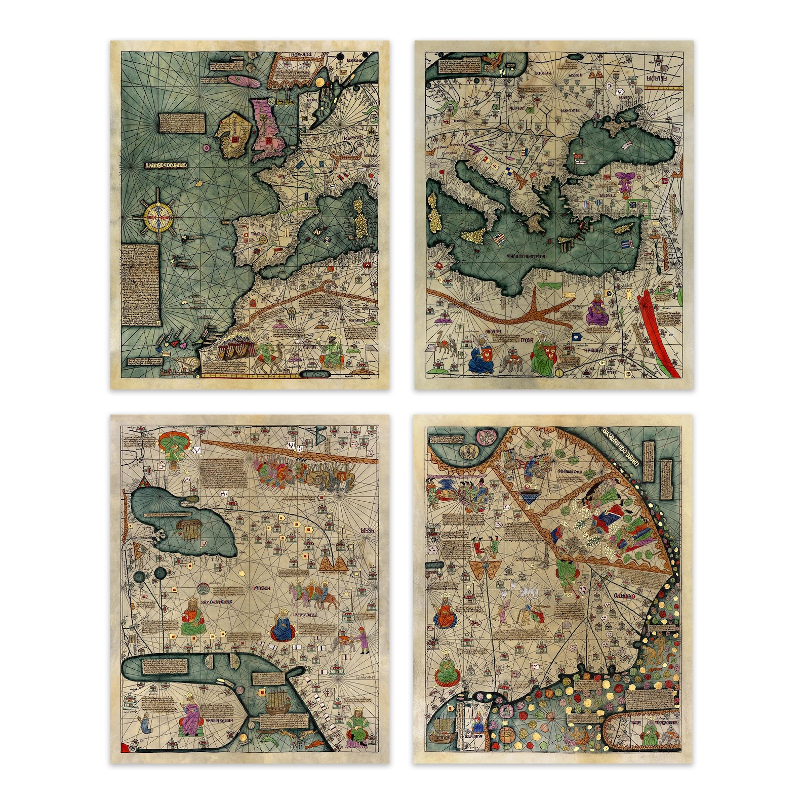 Ancient Catalan Atlas Medieval World Map Print Set, Vintage Style Print ...