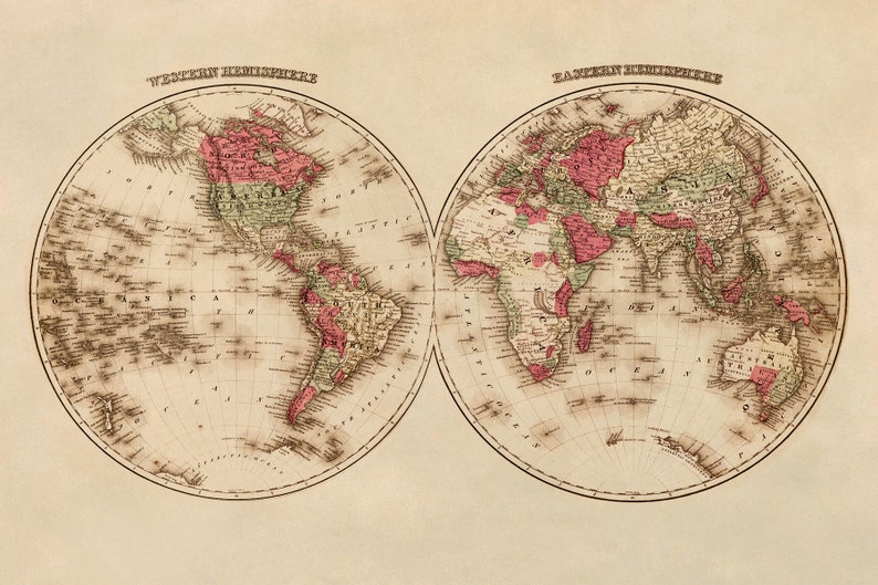 Old Map of the World, Features Eastern and Western Hemisphere, Vintage ...