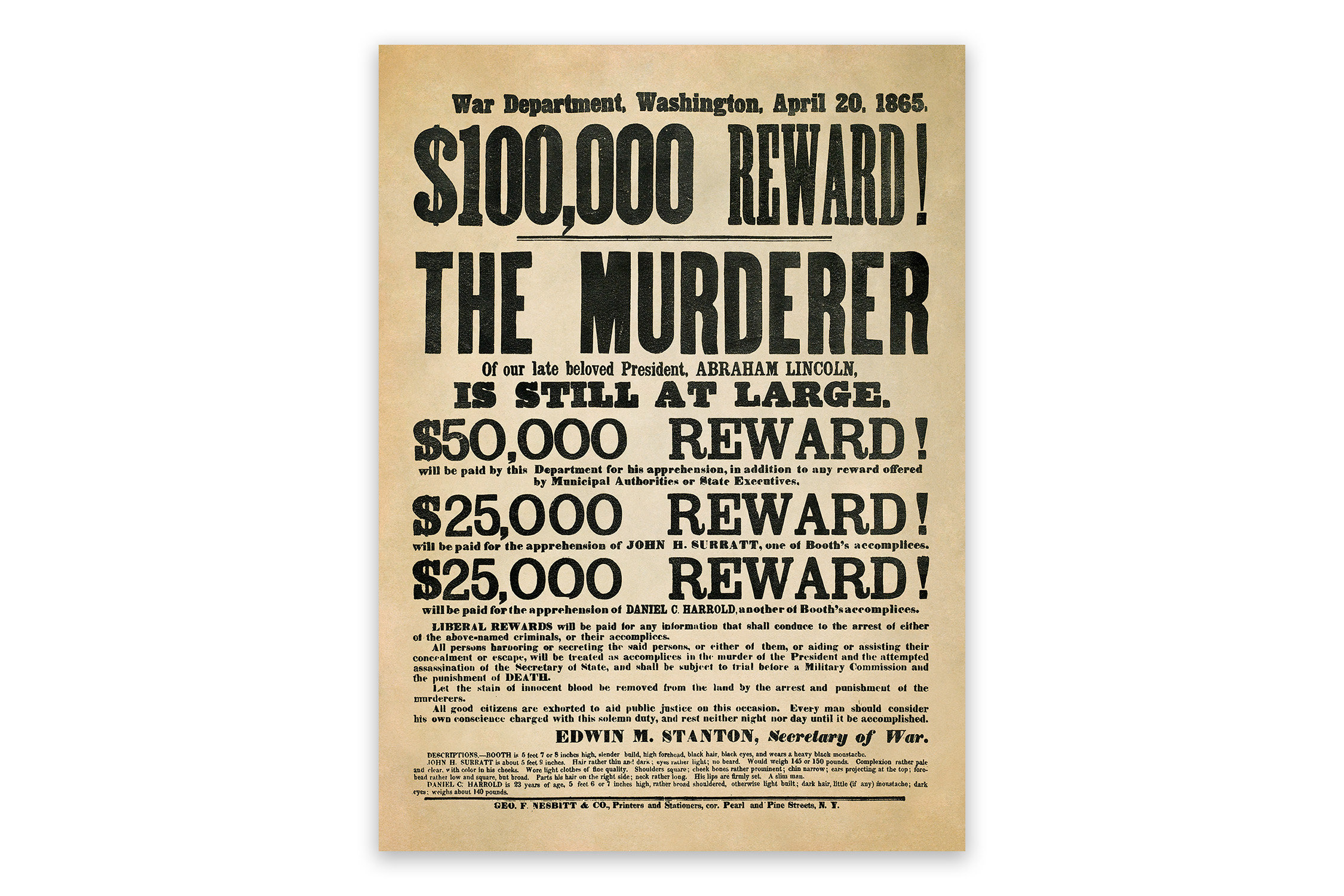 John Wilkes Booth Wanted Poster Original