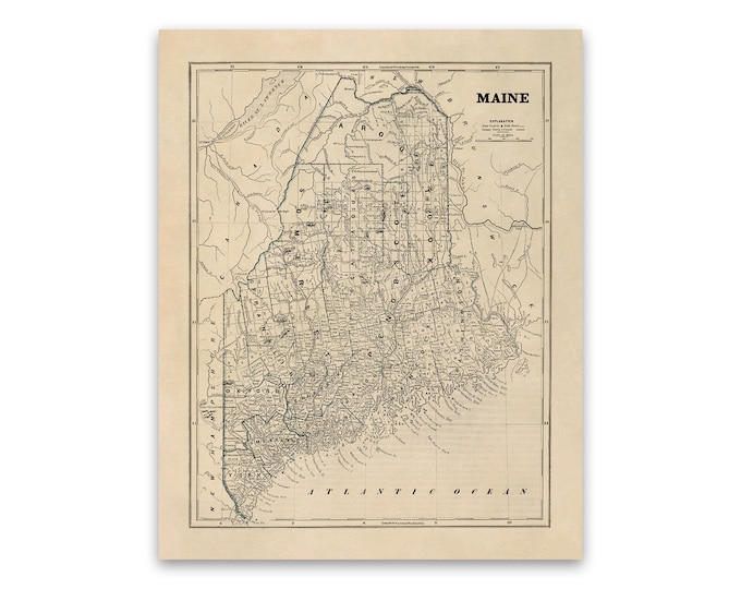 Old Map of Maine, 19th Century Cartography Decor, Vintage Style Print ...