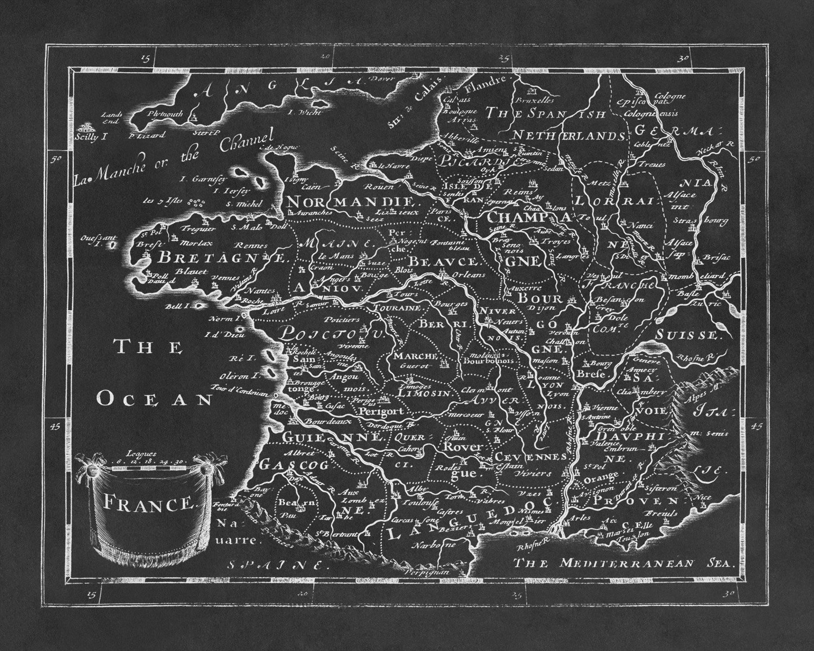 Old Map of France, 17th Century Cartography Decor, Vintage Style Print ...