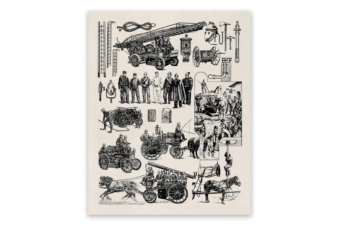 Antique Firefighter Print, Fire Fighting Techniques Art, Premium ...