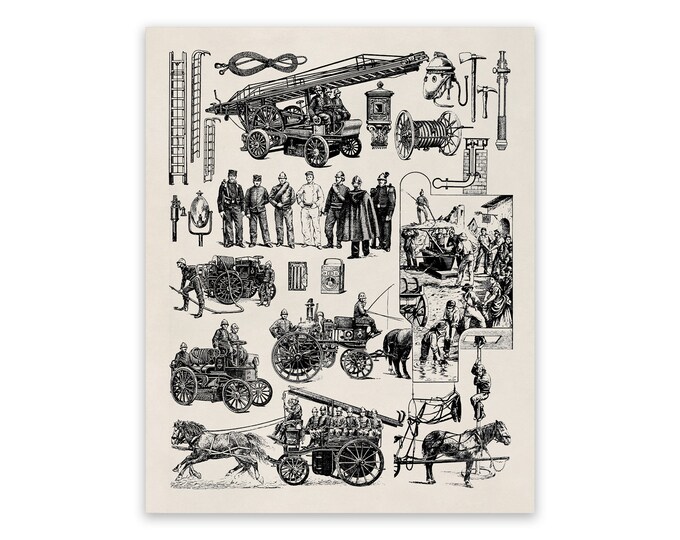 Antique Firefighter Print, Fire Fighting Techniques Art, Premium ...
