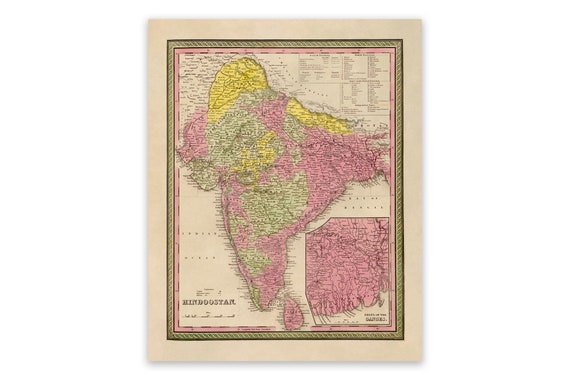 Old Map Of India Hindustan Canvas Large Wall Decor Vintage