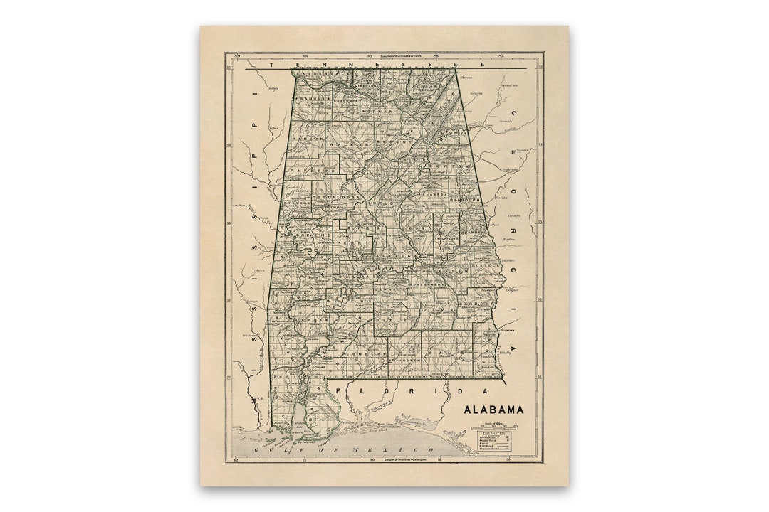 Old Alabama State Map, Vintage Style Print Circa 1800s - Etsy