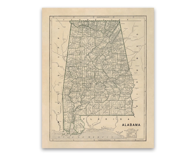Old Map of Alabama, 19th Century Cartography Decor, Vintage Style Print ...