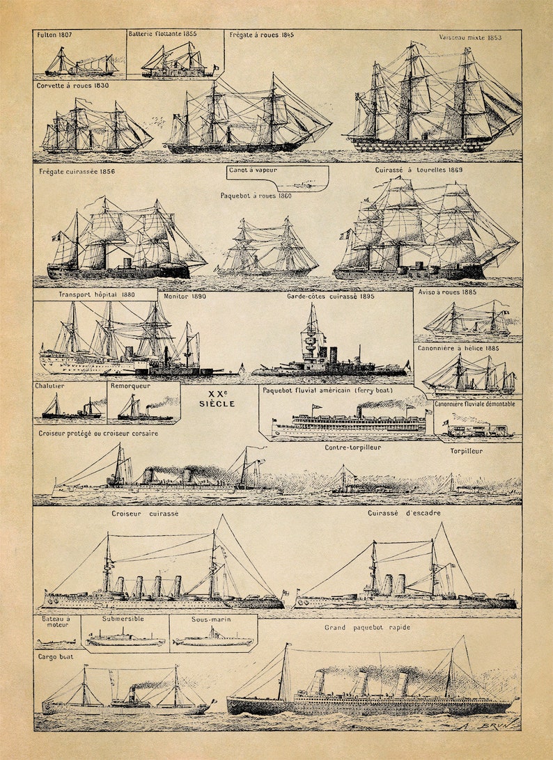 Nautical Ocean Type Ship Illustration, Steam and Sailing Ships Chart ...