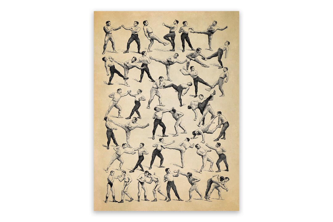 Vintage Boxing Print, Old Boxer Fighting Techniques Styles Chart ...