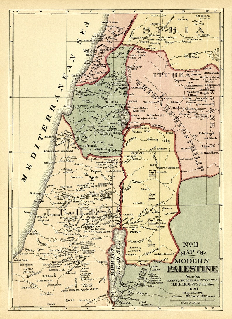 Old Map of Palestine, 19th Century Holy Land Poster, Vintage Style ...
