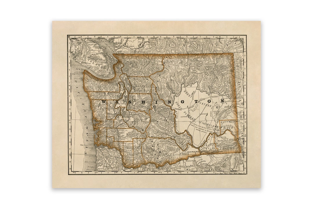 Old Map of Washington State, 19th Century Cartography Decor, Vintage ...