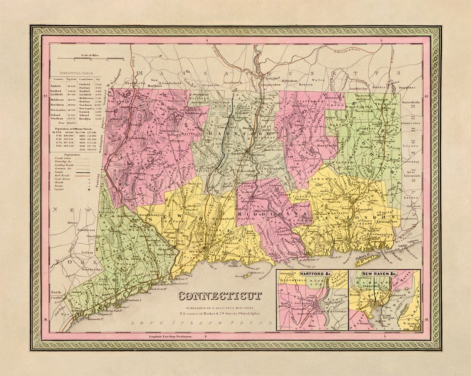Old Connecticut Map Poster 1800s CT Map Depicts Hartford And | Etsy
