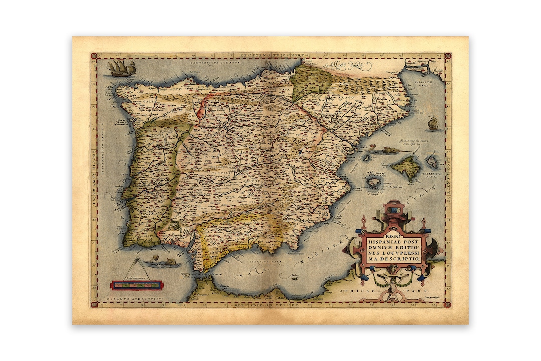 Ancient Map of Spain Circa 1570, Spanish Cartography Decor, Vintage ...