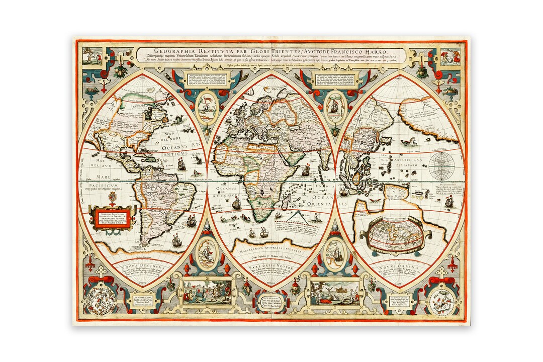 Antique Map of the World Circa 1600s, 17th Century Cartography Decor ...
