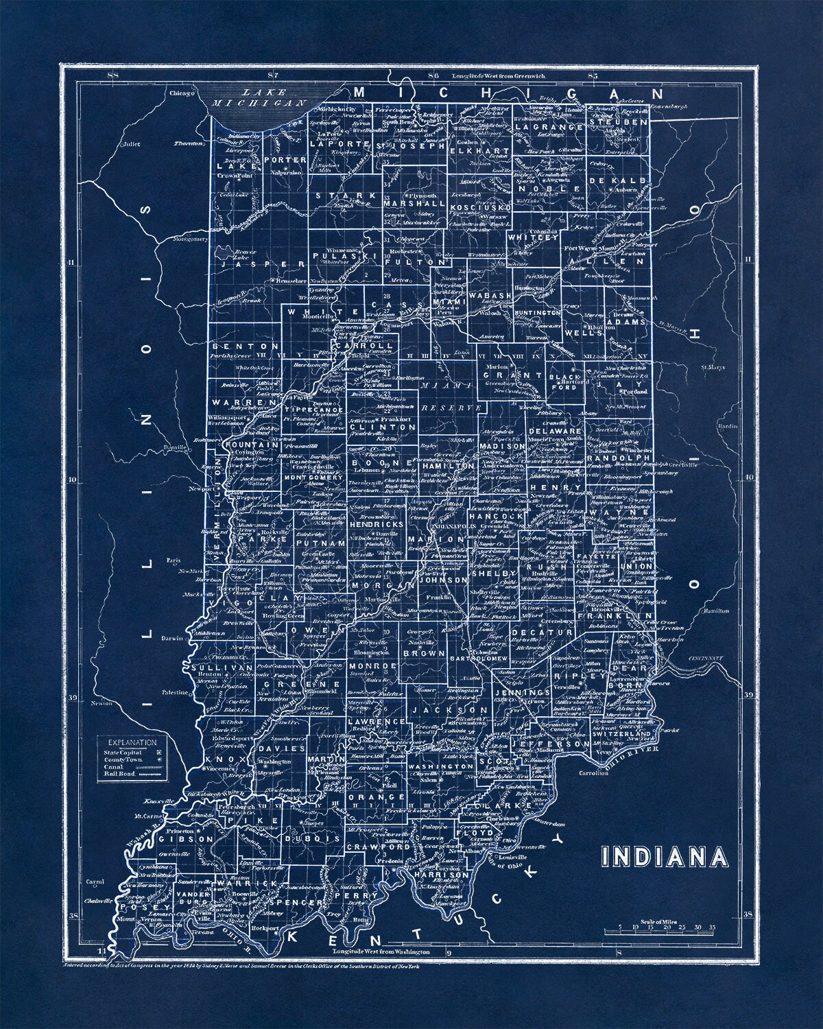 Old Map of Indiana, 19th Century Cartography Decor, Vintage Style Print ...