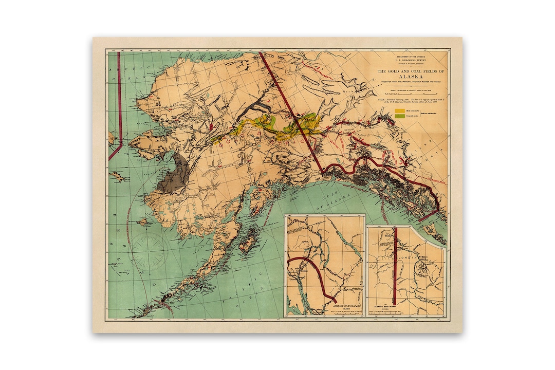 Antique Map of Alaska, Featuring Alaskan Gold Fields, Vintage Style ...