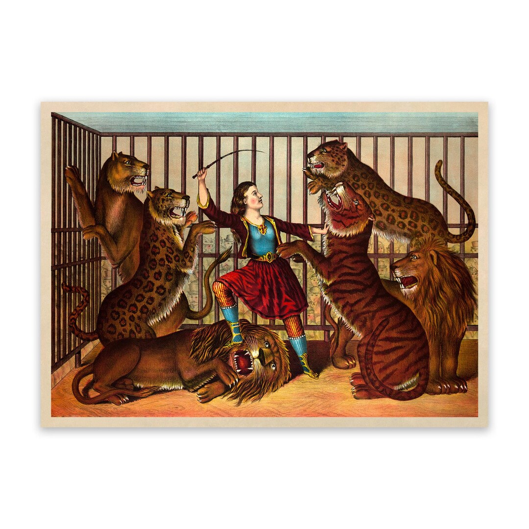 Circus Female Lion Tamer Poster Old Circus Animal Themed Wall Art, Premium Vintage Style ...