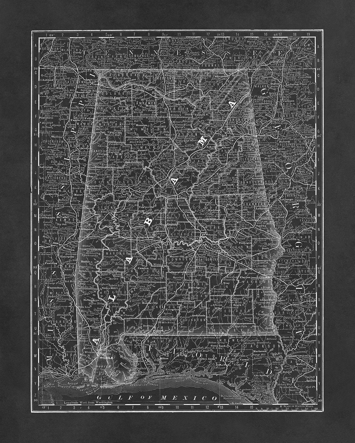 Old Alabama Map Circa 1878 AL 1800s Antique Vintage Art - Etsy