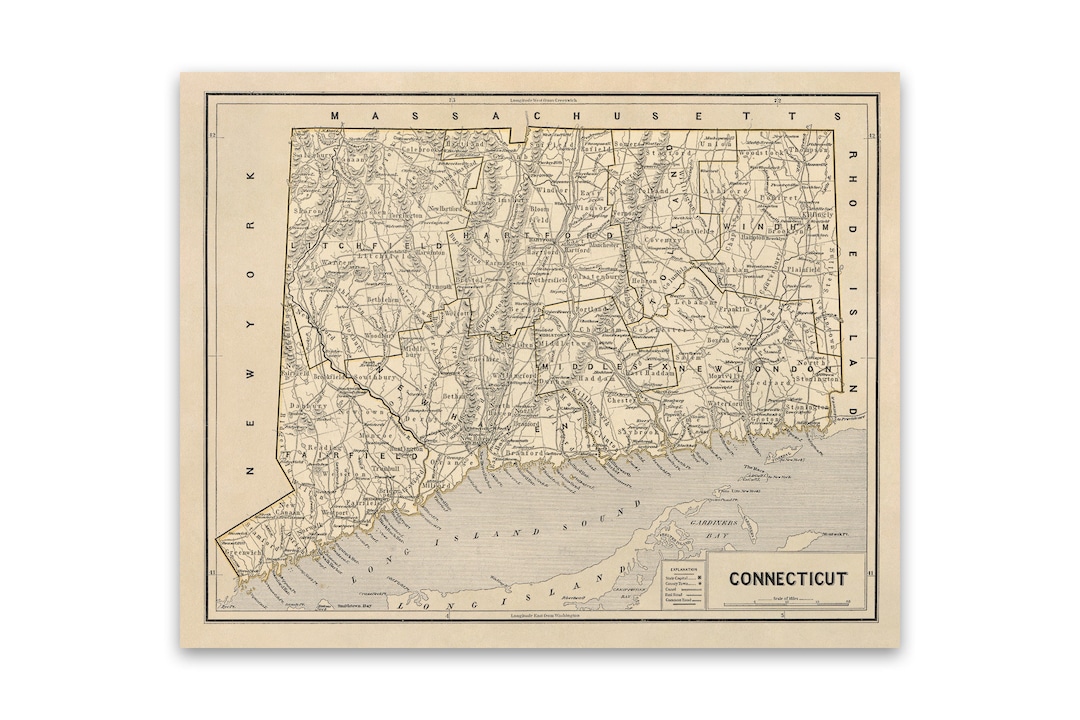 Old Connecticut State Map, Vintage Style Print Circa 1800s - Etsy
