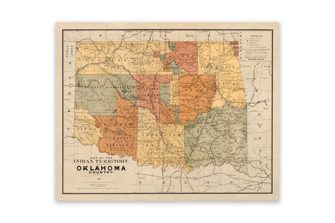 Old Oklahoma State Map, Vintage Style Print Circa 1800s - Etsy