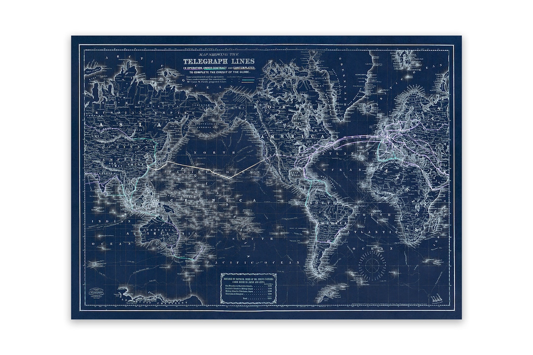 Telegraph Lines World Map Print: 19th Century Vintage Style Cartography ...