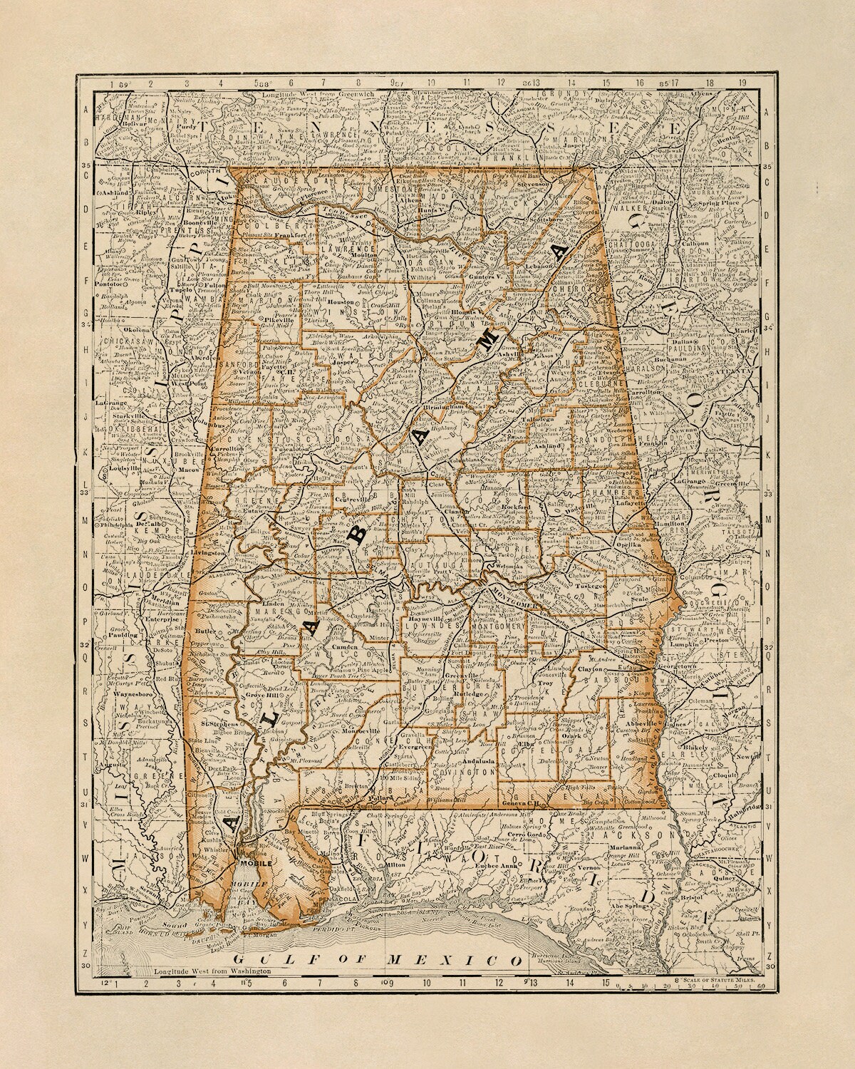 Old Alabama Map Circa 1878 AL 1800s Antique Vintage Art - Etsy