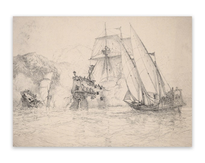 Vintage Sailing Ship Drawing, Nautical Decor Wall Art, Panoramic ...