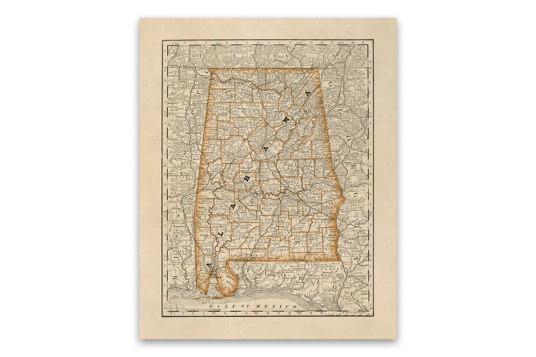 Old Alabama Map Circa 1878 AL 1800s Antique Vintage Art - Etsy