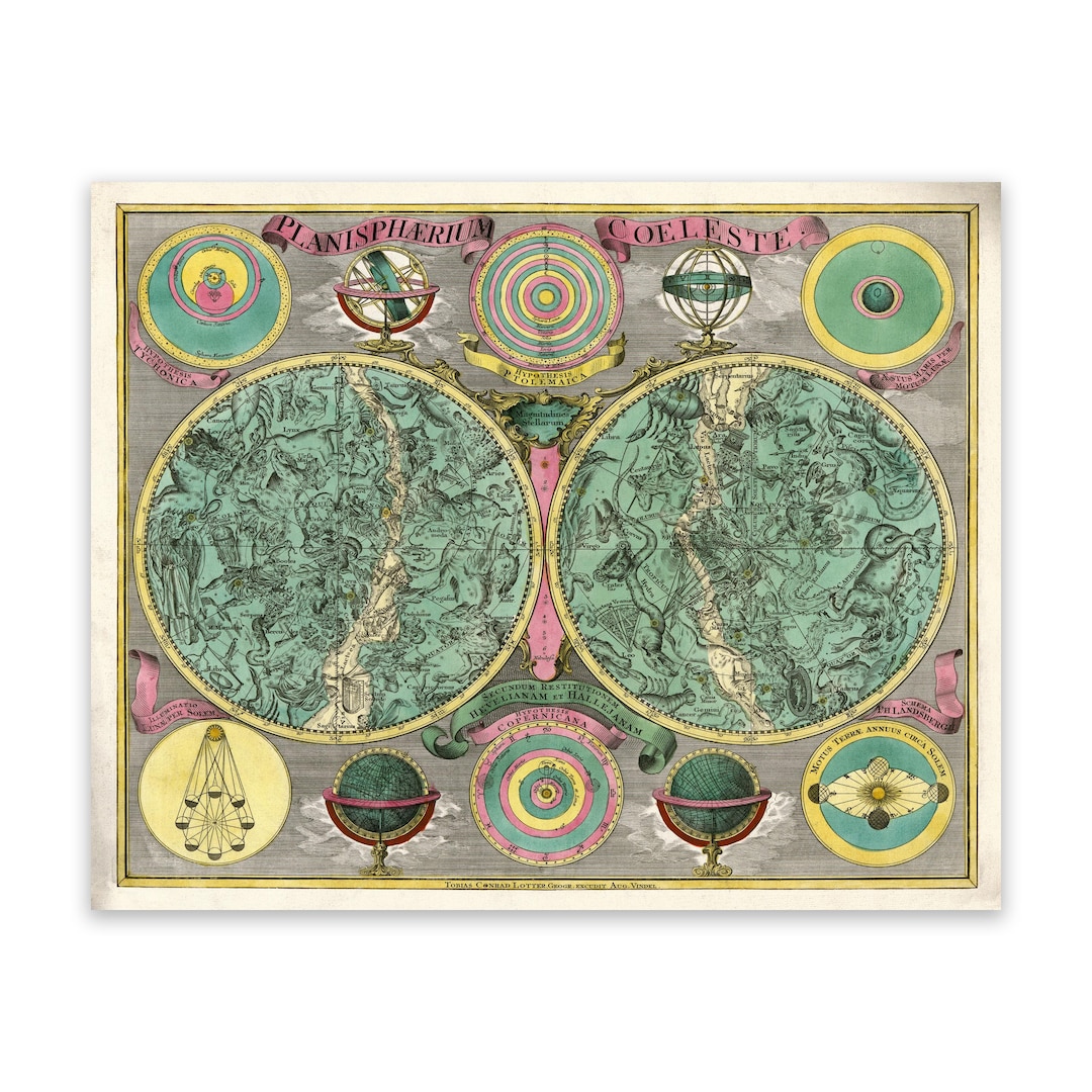 Antique Constellation Map, Astronomy Star Chart, Planisphaerium ...