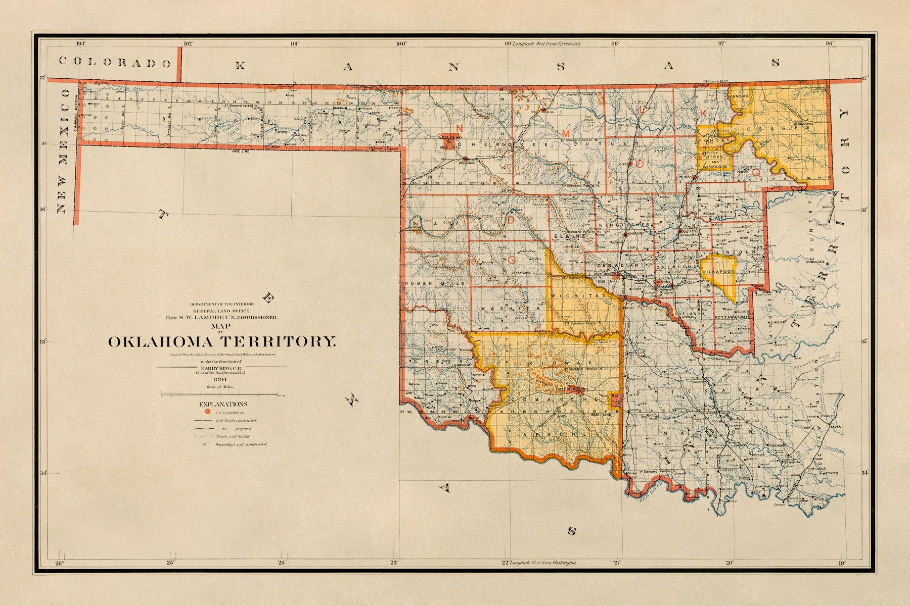 Old Oklahoma State Map Print OK Territory Poster Circa 1894 - Etsy