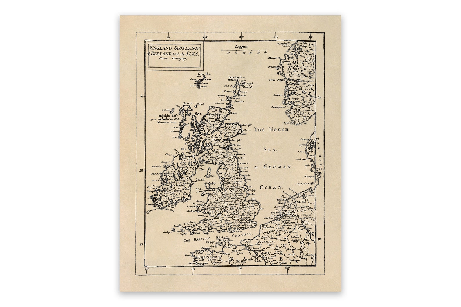 Antique Map of Britain, 17th Century British Isles, Vintage Style Print ...