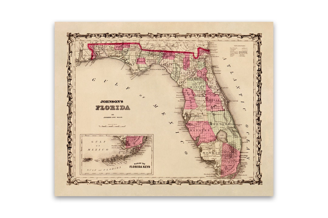Antique Map of Florida, 19th Century Cartography Decor, Vintage Style ...