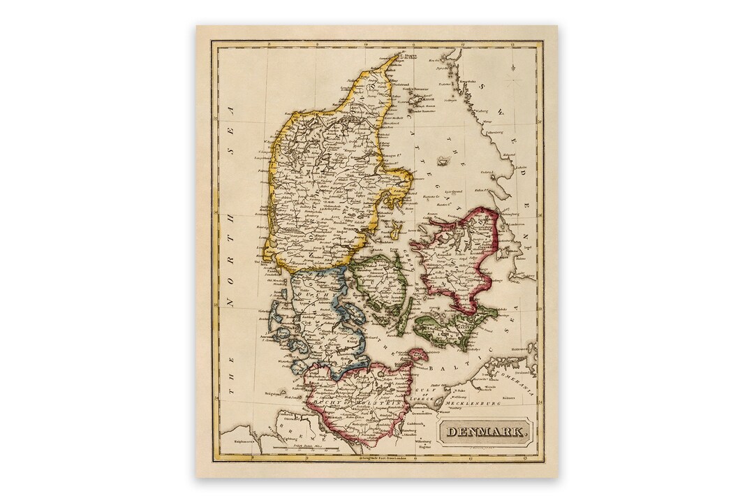 Antique Map of Denmark, 19th Century Cartography Decor, Vintage Style ...