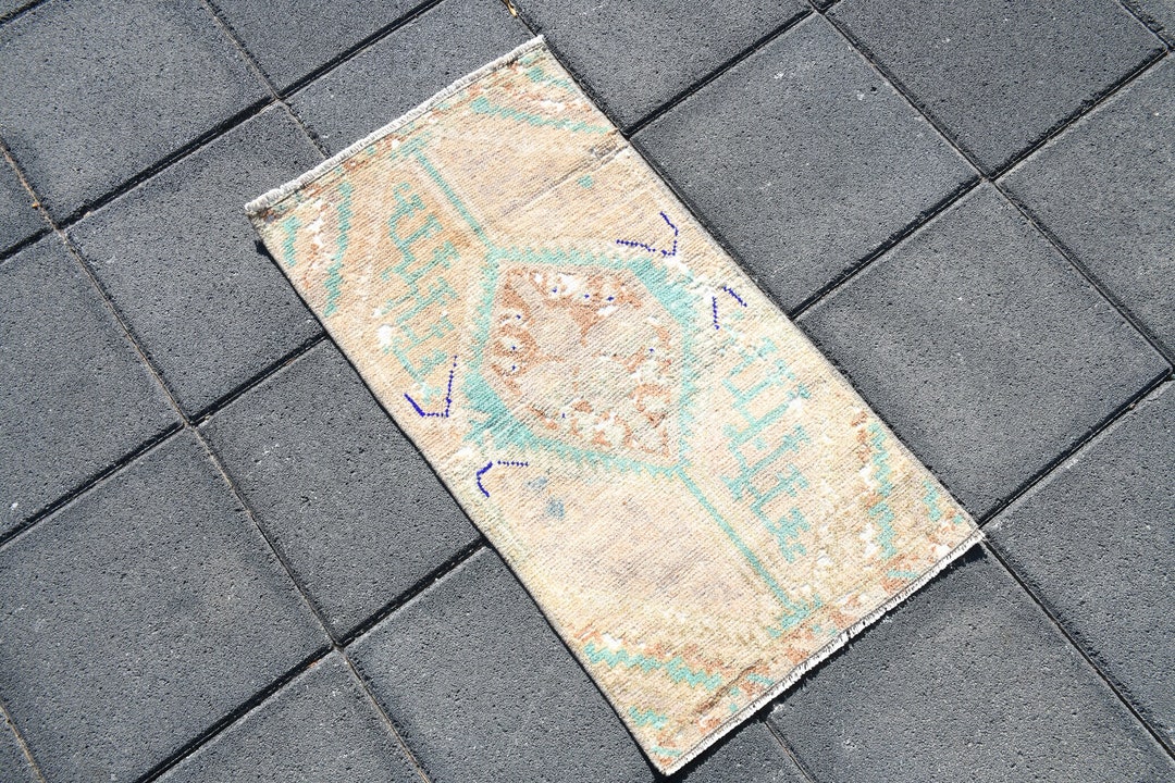 1x2 Blue and Beige Door Mat, Vintage Door Mat, 1x2 Area Rug, 1x2 Rug ...