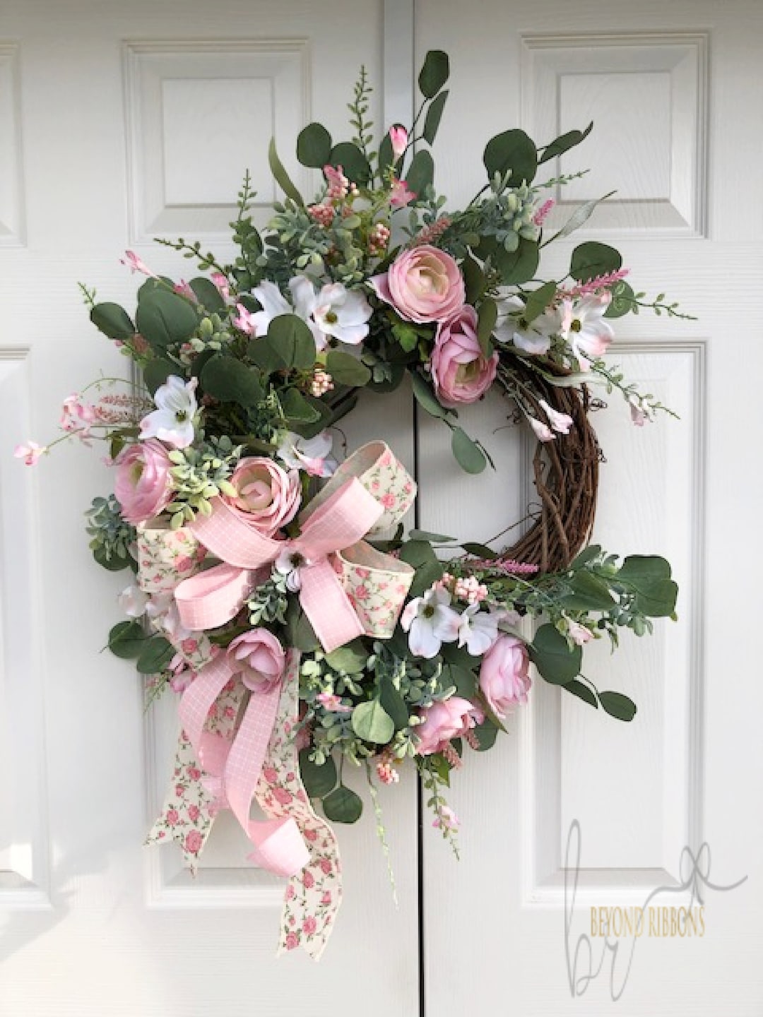 Pink Floral Grapevine Wreath, Pink Ranunculus Wreath, Spring Wreath ...