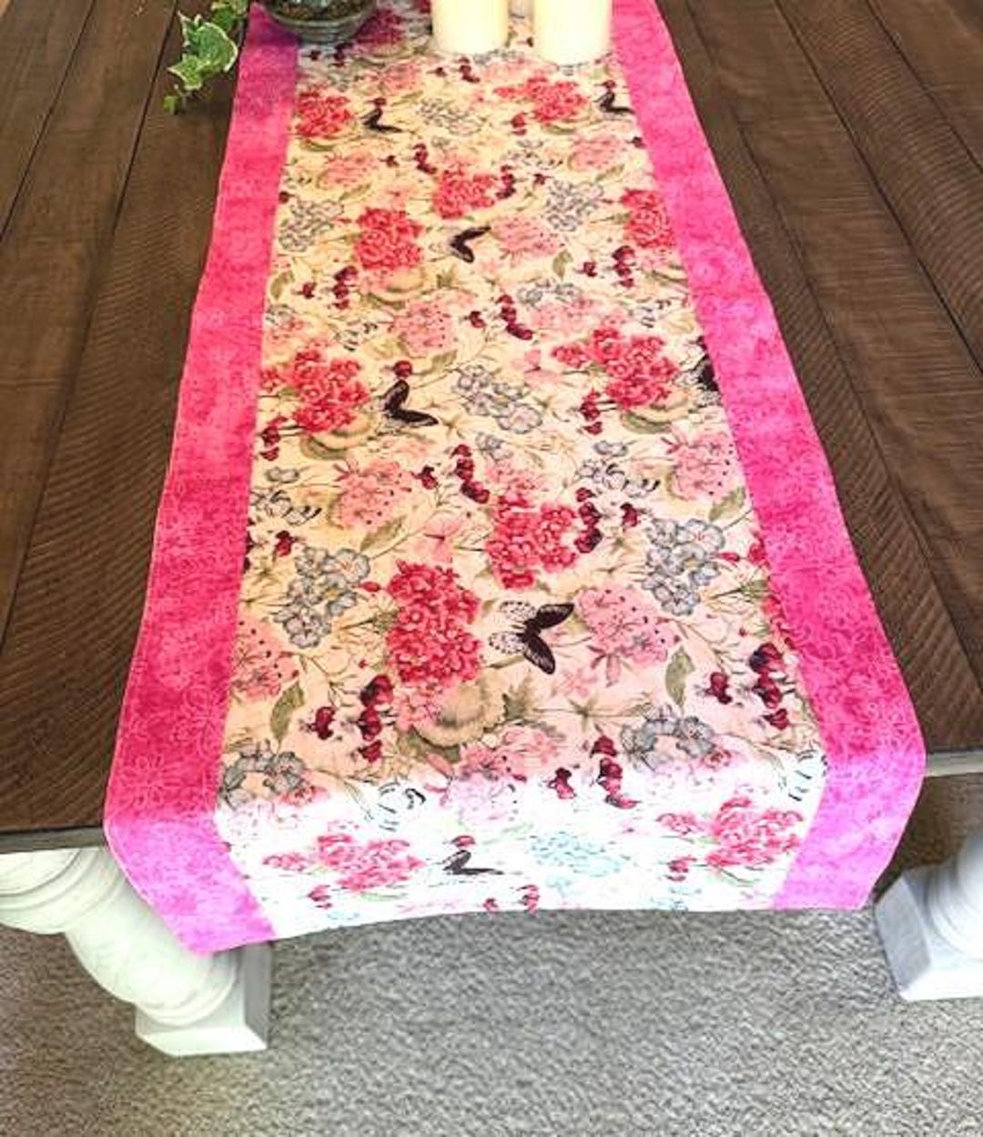 Pink Spring Table Runner, Reversible Table Runner, Pink and Blue Floral ...
