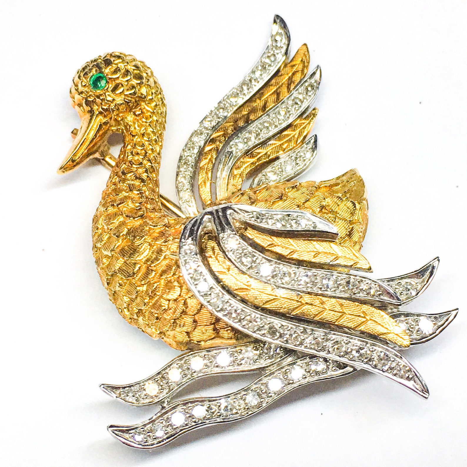 18k Diamond Emerald Swan Brooch Pin - Etsy