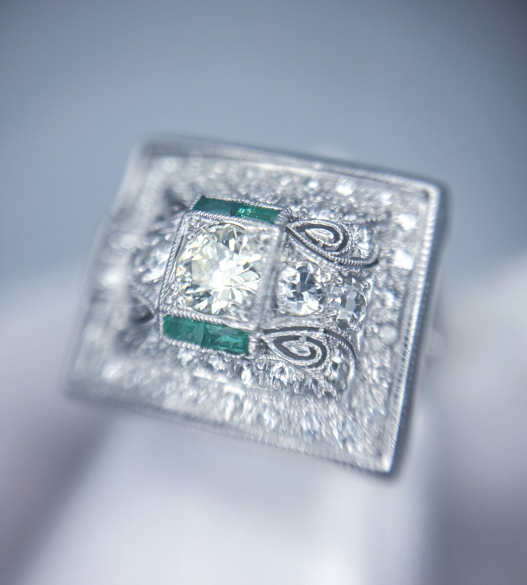 Art Deco Rectangular Filigree Diamond Emerald Platinum Top W/ 14k Ring ...
