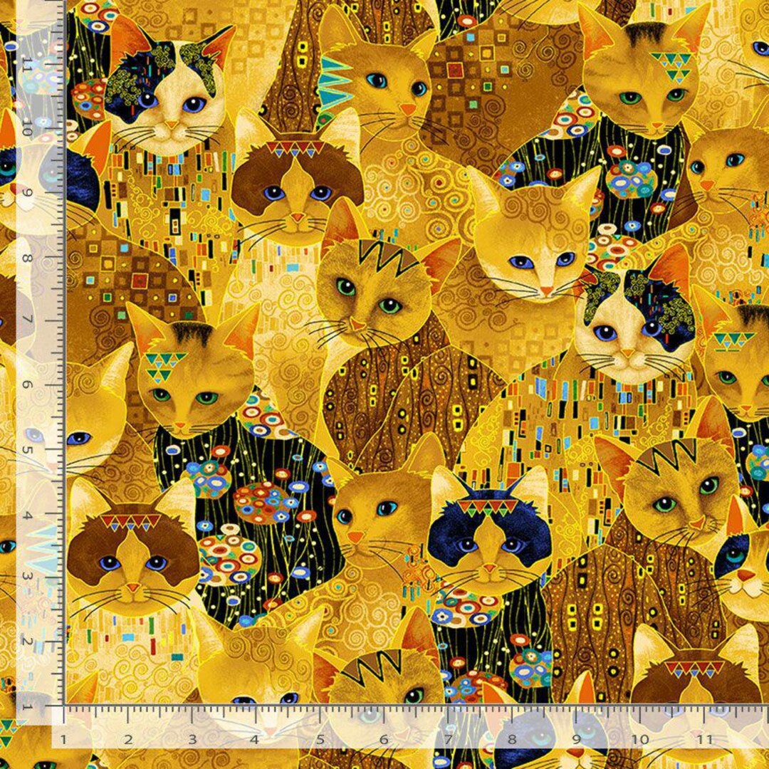 Timeless Treasures Metallic Cat Fabric "cleo" Gold Bejewelled Cats ...