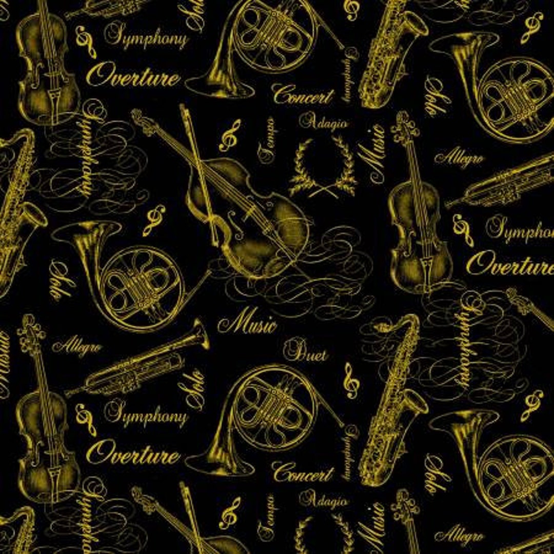 Black and Gold Metallic Music Cotton Patchwork Fabric, Timeless ...