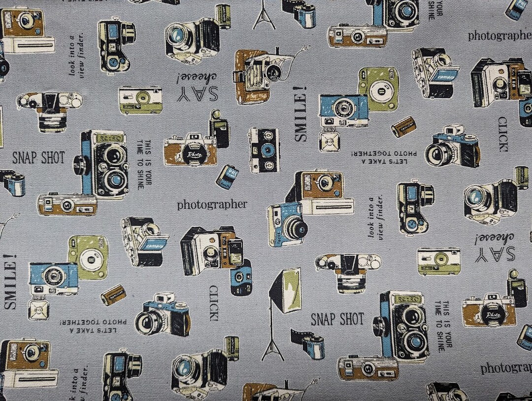 Vintage Cameras on Grey Cotton Fabric by Cosmo Textile Co Travel With ...