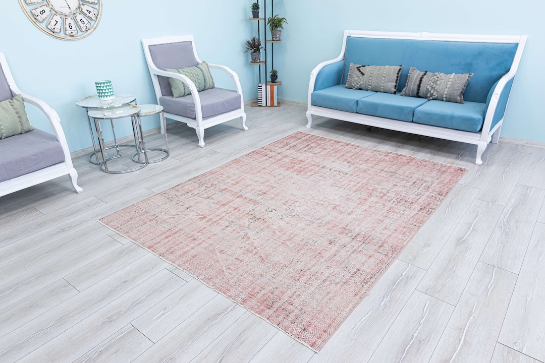 Distressed Pink Rug 6x8 Turkish Vintage Light Pink Unusual Carpet, Anatolia Primitive Overdyed ...