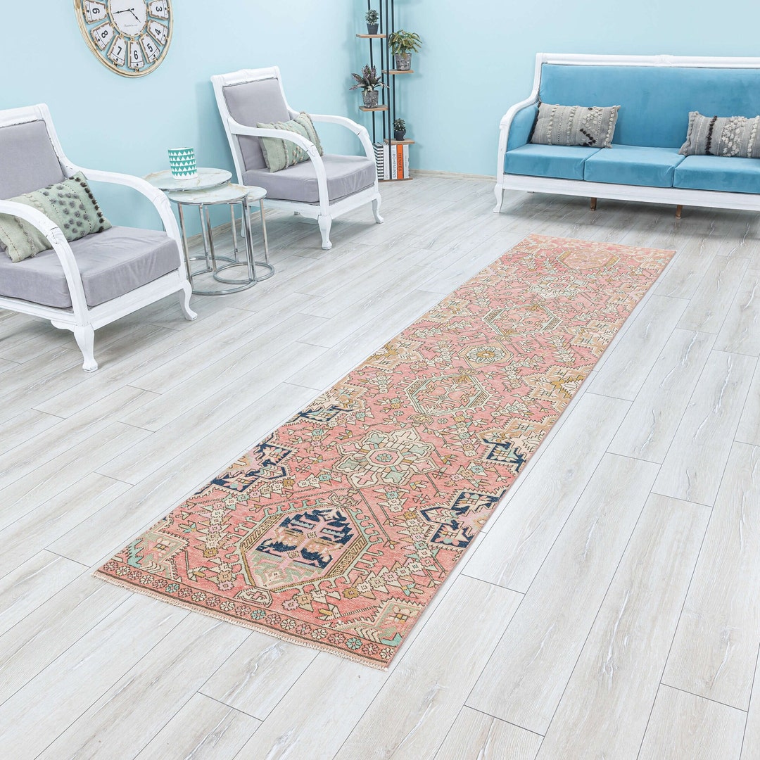 Heriz Patterned Runner Rug, Pink Vintage Runner 3x12 Pastel Pink ...
