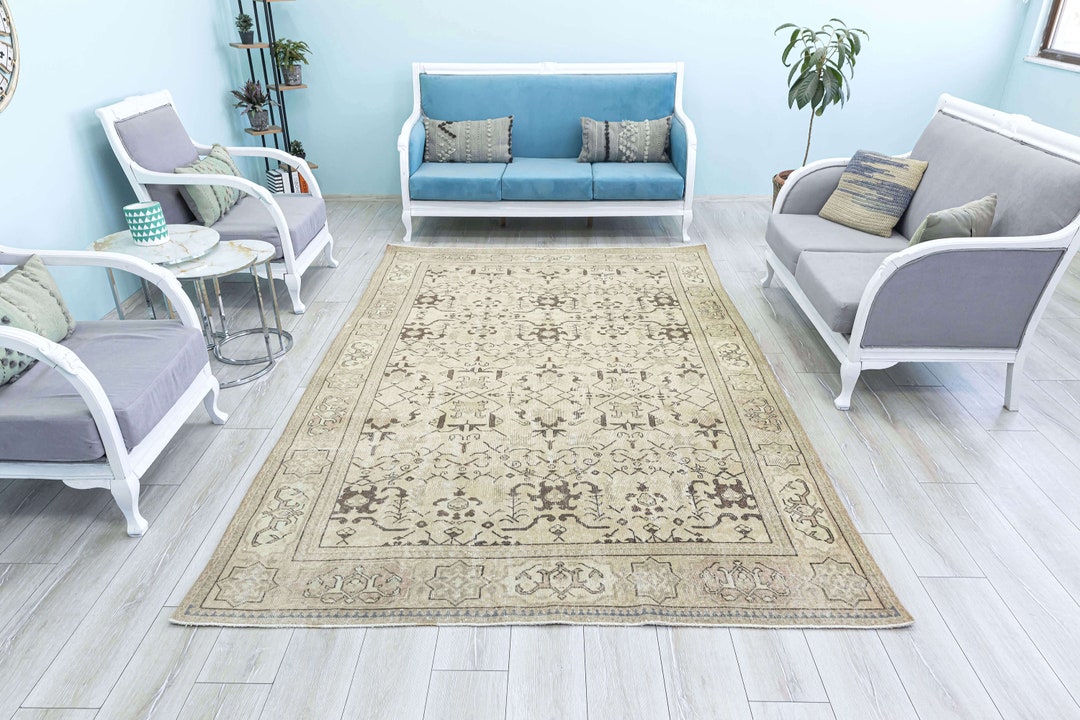 Turkish Beige Geometric Pattern Rectangle Area Rug 6x9 Vintage Muted ...
