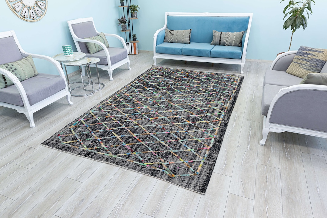 Vintage Black,rainbow Geometric Unique Rug 6x9 Colored Turkish Rug ...