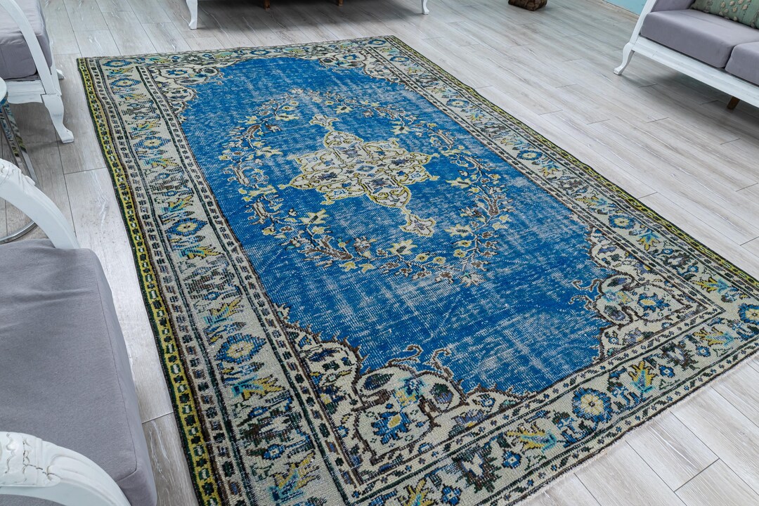 Pastel Turkish Decorative Rug - Blue Oriental Carpet - Low Pile ...