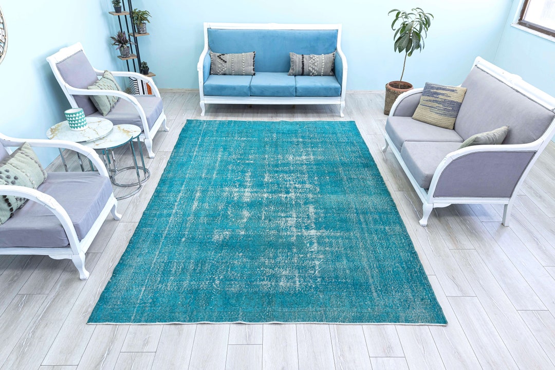 7x10 Vintage Rectange Teal Large Area Rug, Turkish Modern Color Aqua ...
