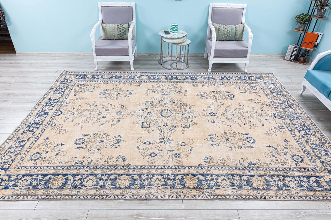 Oversized Turkish Pale Rug 8x11 Large Beige Indigo Blue Area Rug 8x12 ...