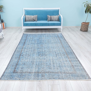 Blue Turkish Vintage Rug, Overdyed Hand Knotted Blue Carpet With ...