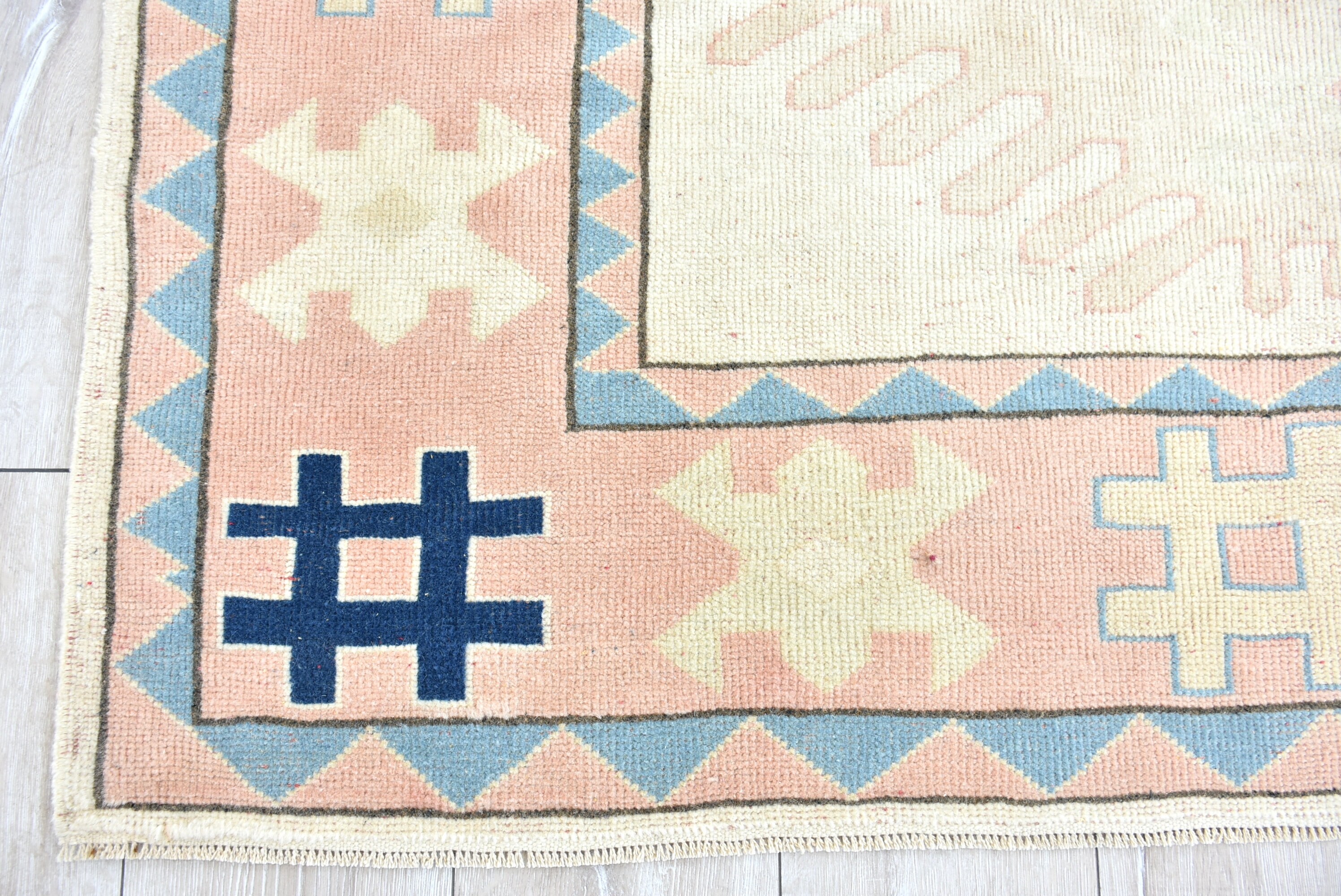 Square Salmon Color Blue White Geometric Area Rug, Pastel Oushak Rug ...